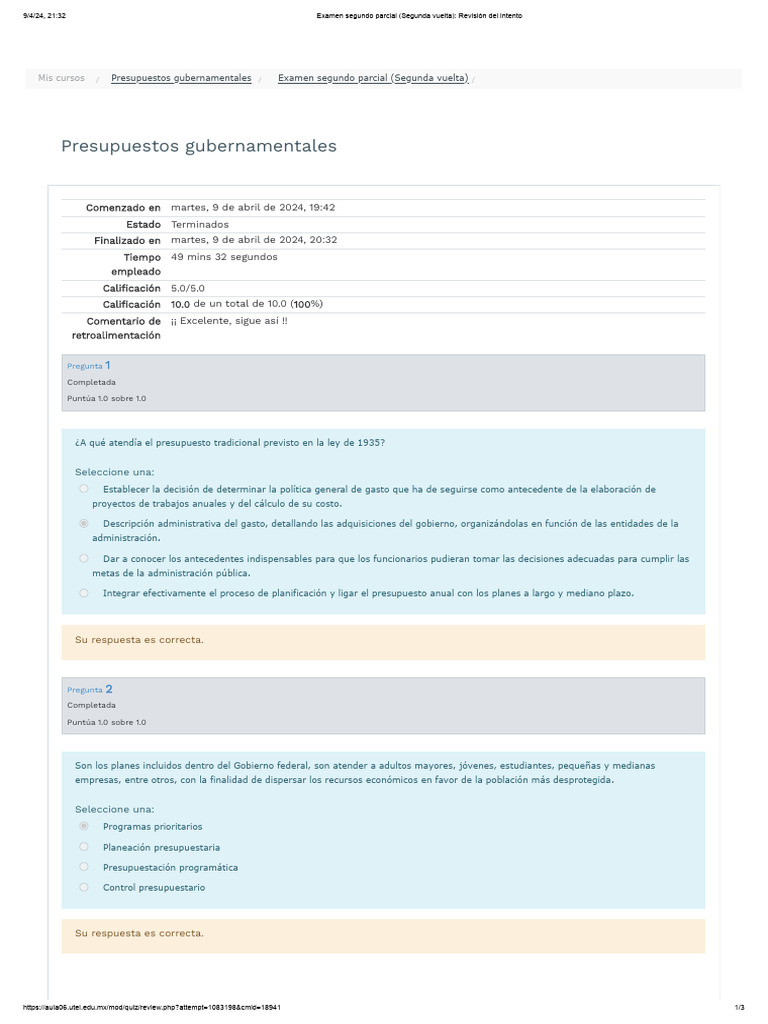 Examen Segundo Parcial (Segunda Vuelta) - Revisión Del Intento - Presupuesto Gubernamental | PDF ...