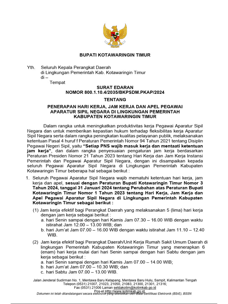 Surat Edaran Penerapan Hari Kerja Jam Kerja ASN 2024 | PDF