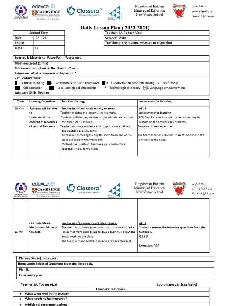 22-01-2023 G11-Lesson Plan | PDF | Teachers | Education Theory