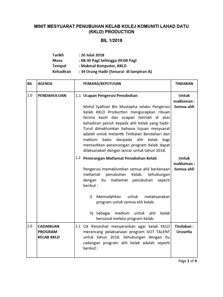 MINIT Mesyuarat Penubuhan | PDF