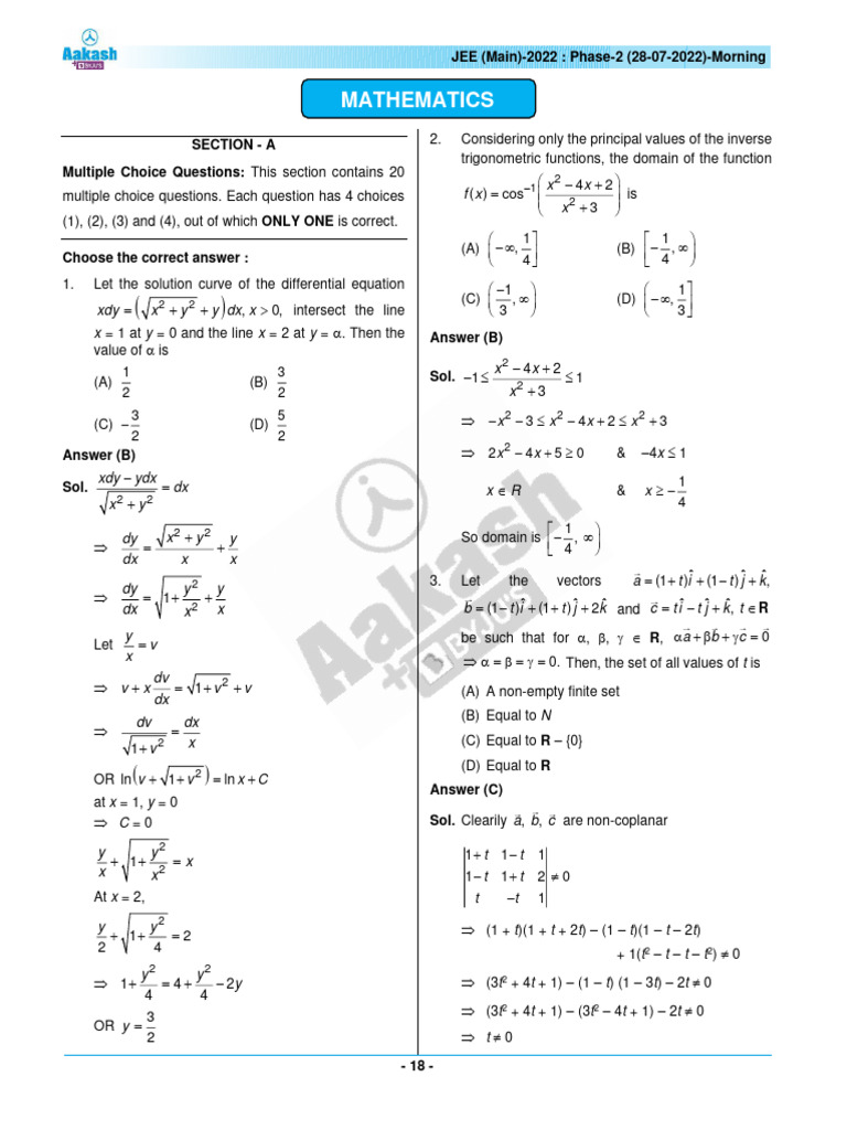 Ans-Sol JEEMain-2022 Phase-2 28-07-2022 M Maths | PDF | Function (Mathematics) | Mathematics