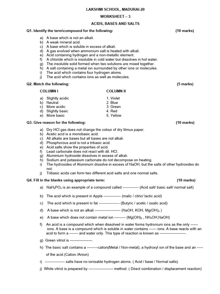 Worksheet - Chapter-Iii Acids, Bases and Salts (2024-25) | PDF | Salt ...