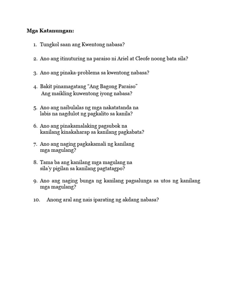 Mga Gabay Na Tanong - Sa Bagong Paraiso Ni Efren R. Abueg | PDF Mga Gabay Na Tanong - Sa Bagong Paraiso Ni Efren R. Abueg | PDF
