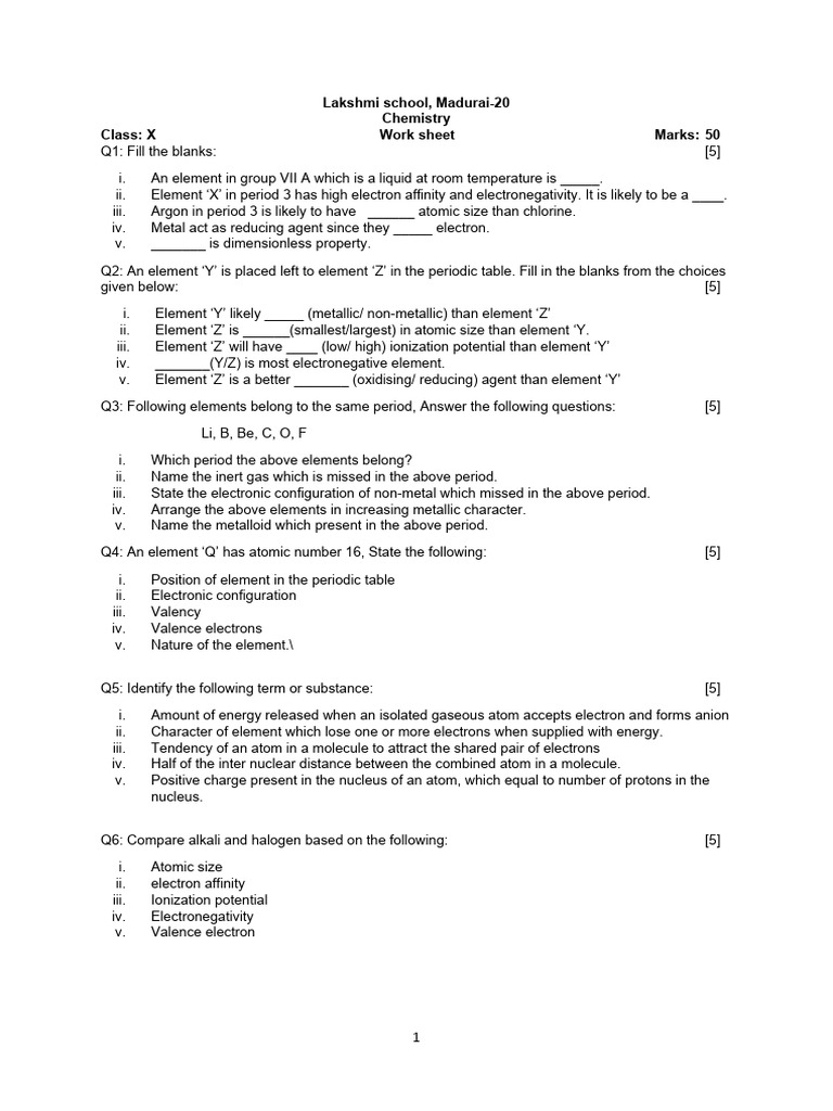 Class X Chemistry Worksheet on Periodic Table | PDF | Ion | Atoms