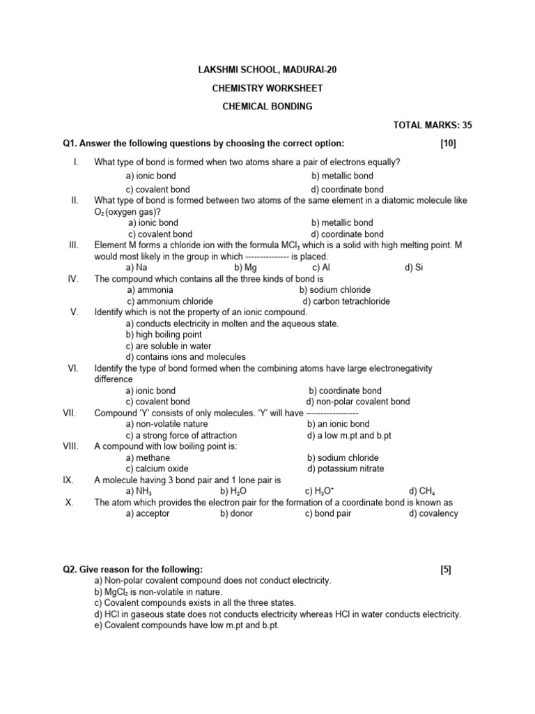Chemical Bonding - Worksheet | PDF | Chemical Bond | Chemical Compounds