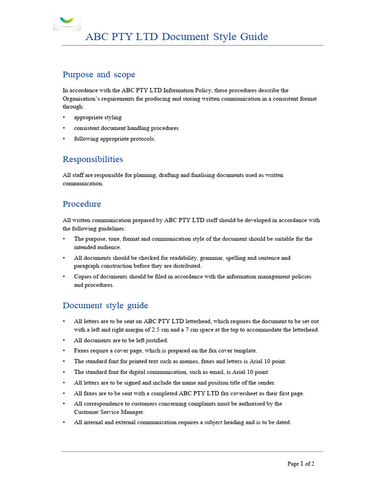 BSBTEC301 - Desing and Produce Business Documents Style Guide & Logo ...