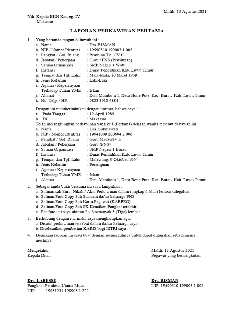 Laporan Perkawinan Drs. Risman dan Dra. Sukmawati | PDF