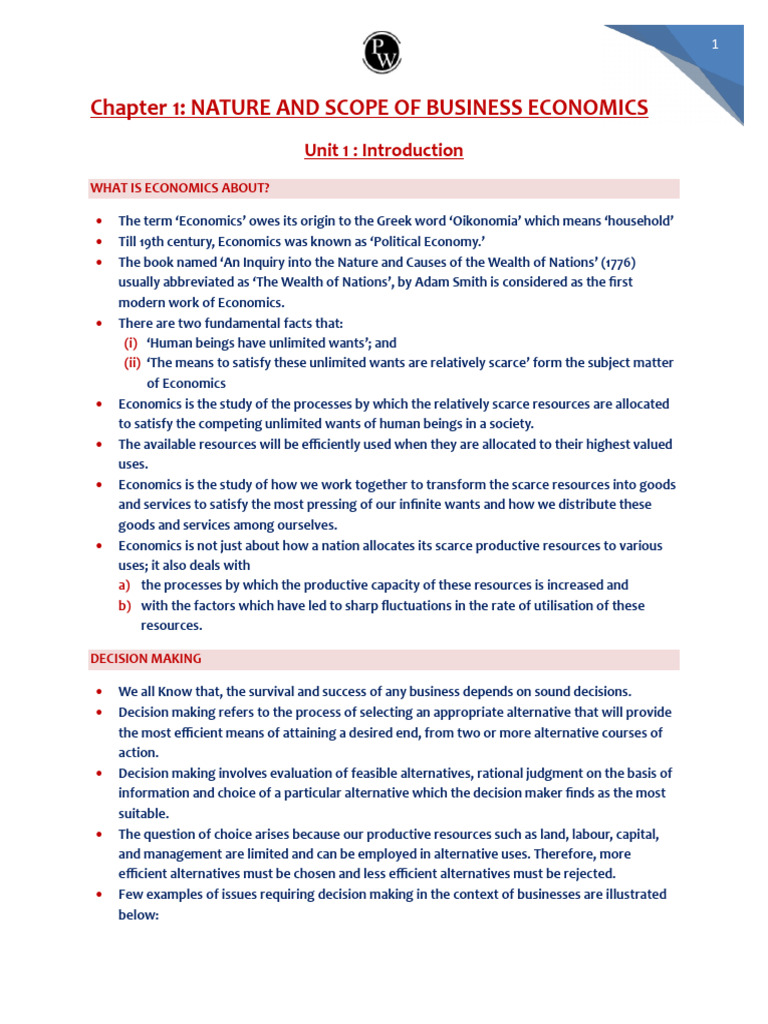E-Notes - Nature and Scope of Business Economics Unit 01 - (Sampurna 2. ...