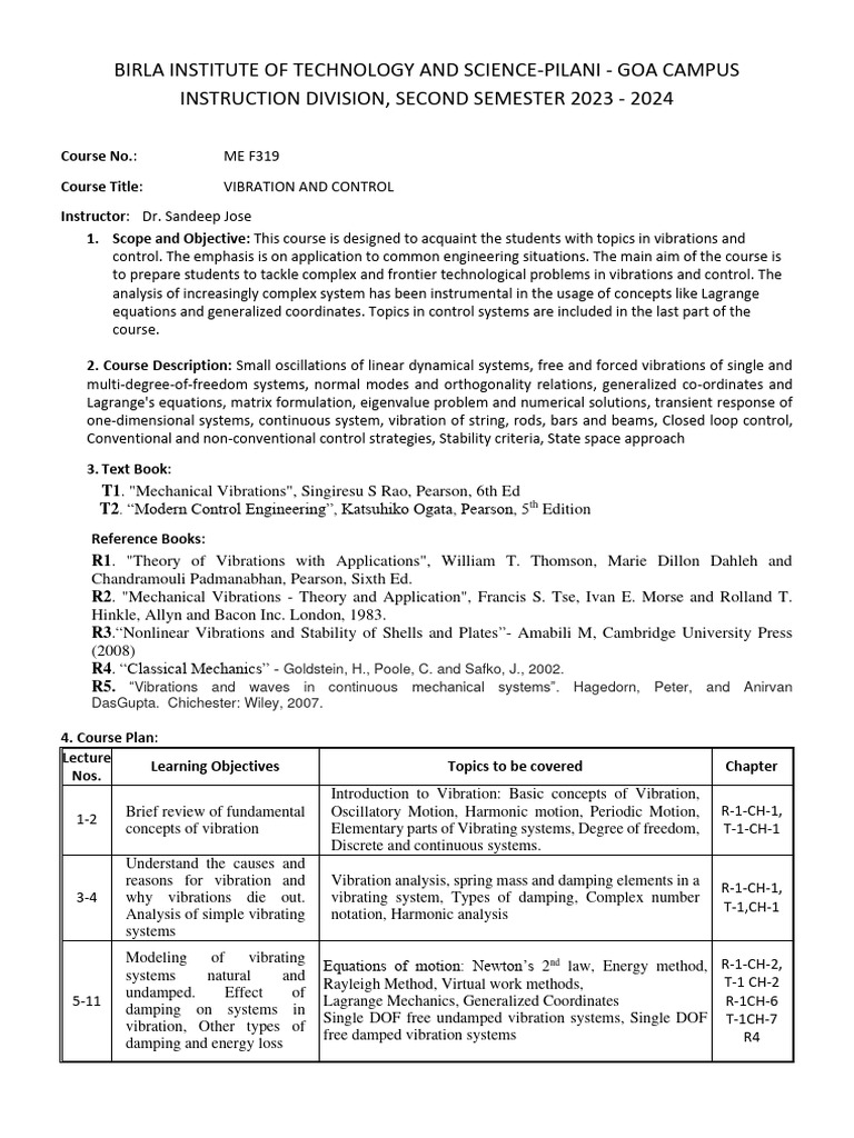 ME F319 - 2024 (Handout) | PDF | Damping | Mechanics