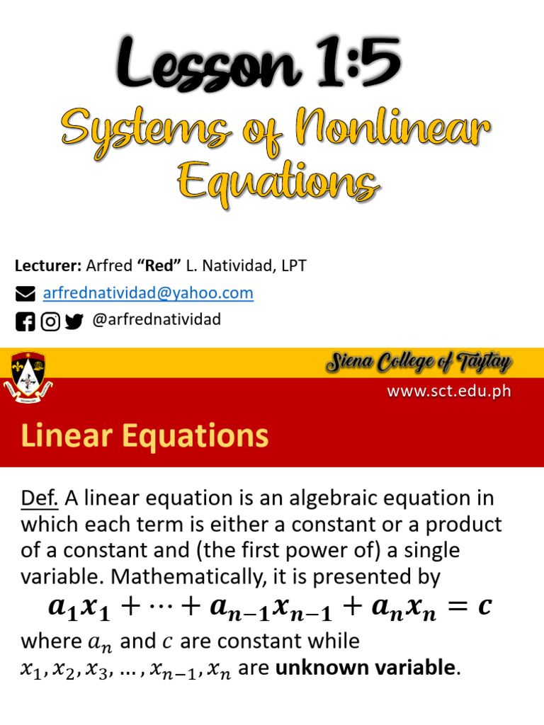 Lesson 1.5-Systems of Nonlinear Equations | PDF | Equations | Nonlinear ...