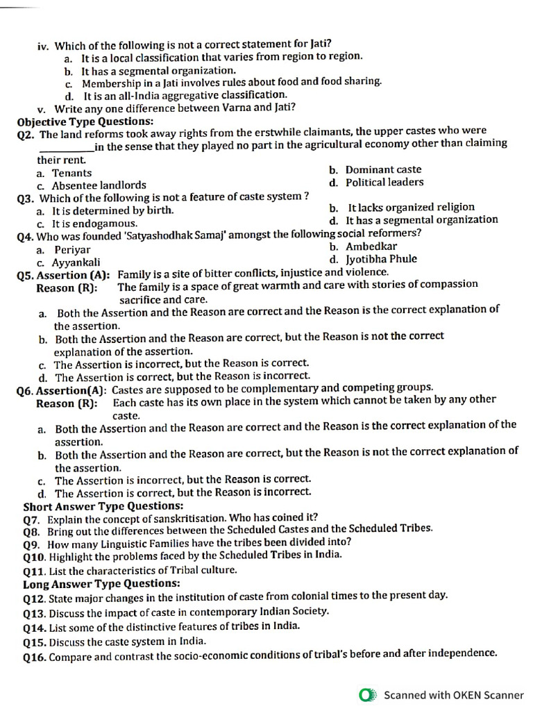 Sociology Assertion Reasoning and Case Based Questions | PDF