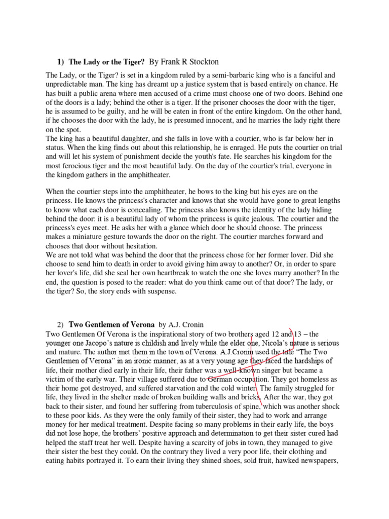 Short Story Summaries: Stockton, Cronin, Maugham, Tagore, Premchand | PDF