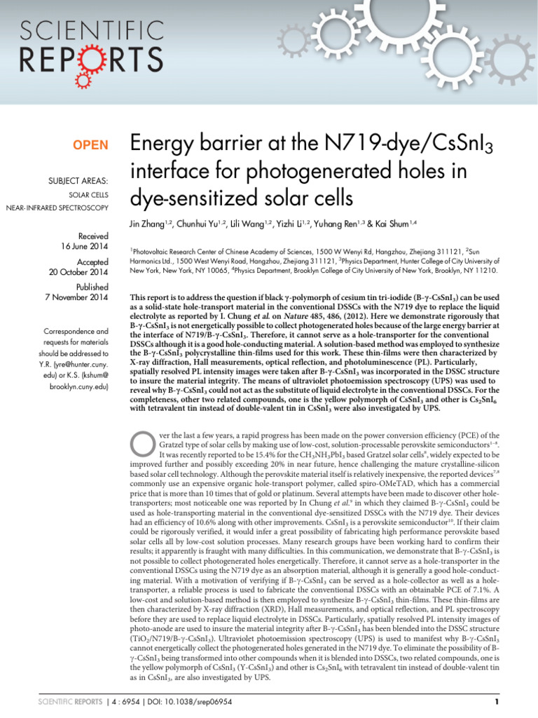 Energy Barrier at The N719-Dye/Cssni Interface For Photogenerated Holes ...