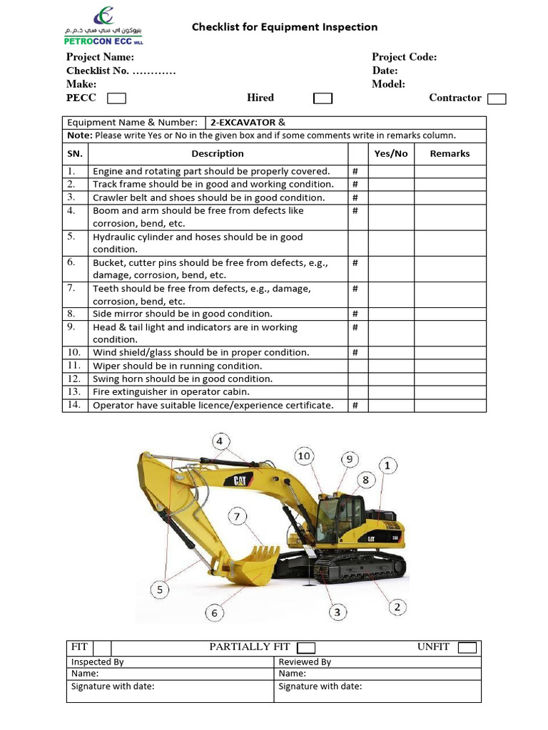 Excavator Equipment Inspection Checklist | PDF