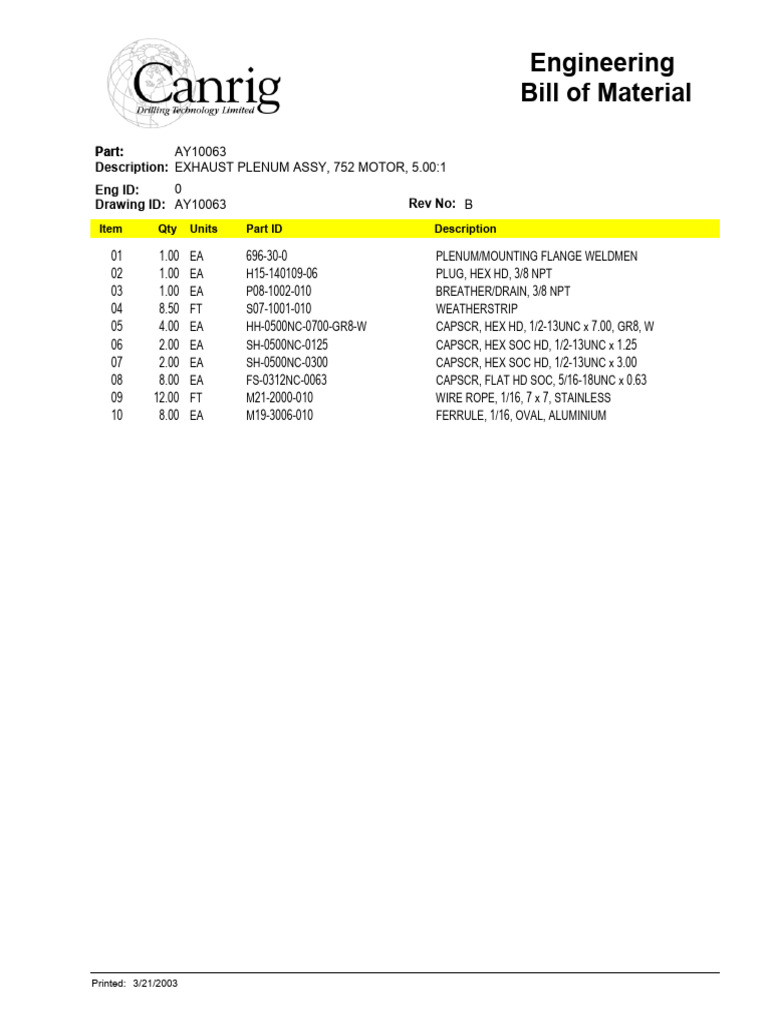Engineering BOM for Various Assemblies | PDF | Washer (Hardware) | Valve
