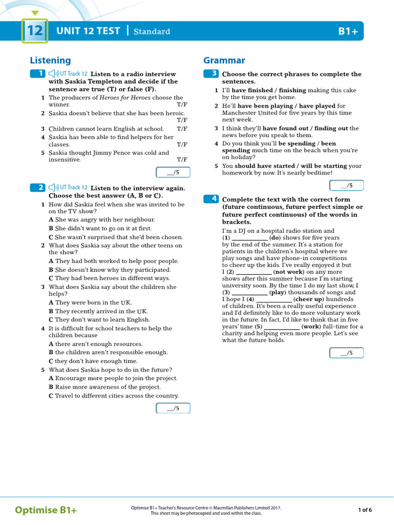 OPT B1plus Unit Test 12 Standard | Download Free PDF | Scientist | Science