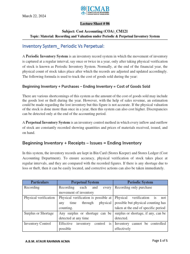 COA - Lecture Sheet # 06 - Material - Recording & Inventory Valuation ...