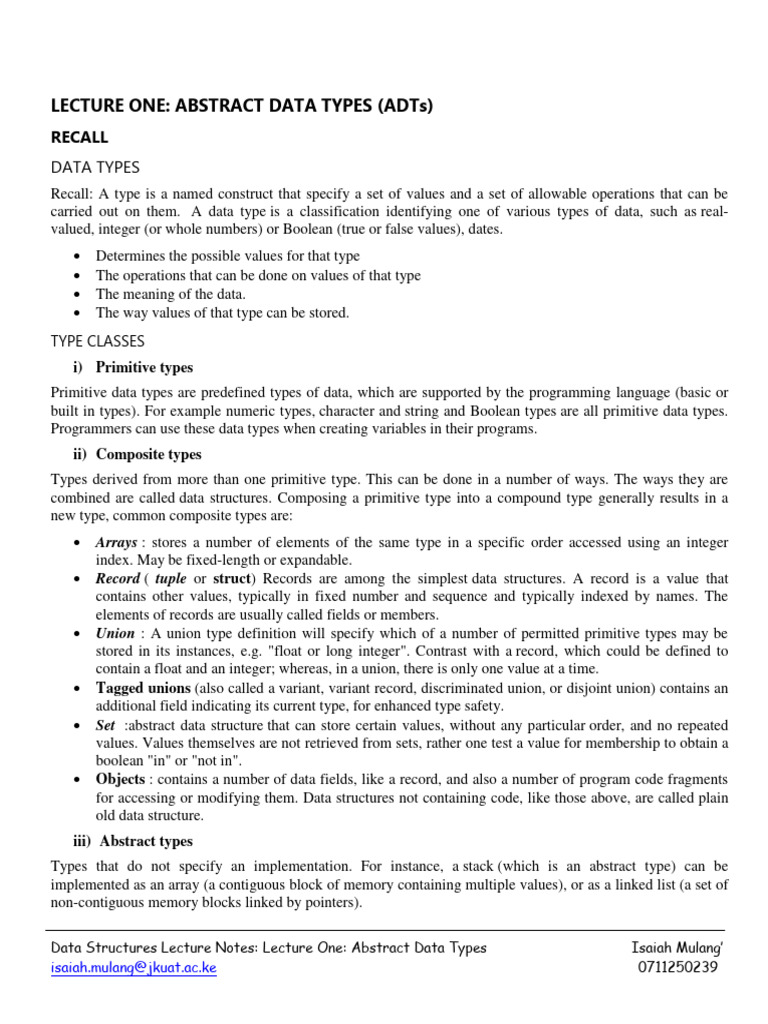 Abstract Data Types - Ics2105 | PDF | Data Type | Data Structure