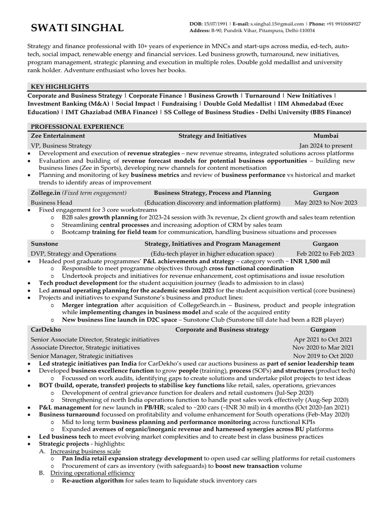 Resume Swati Singhal-1 | PDF | Strategic Management | Mergers And Acquisitions