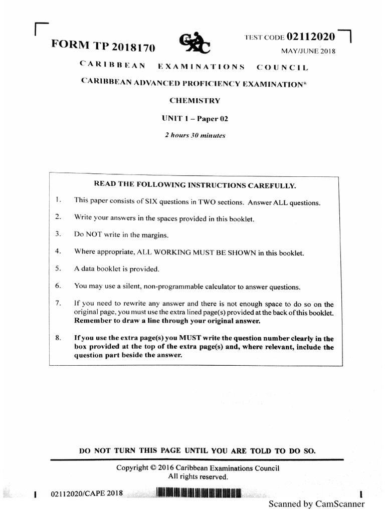 Cape Chemistry 2018 Unit 1 Paper 2 | PDF