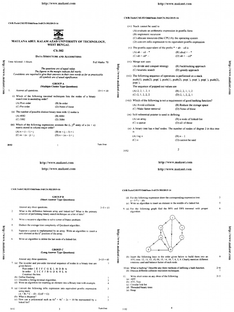 Btech Cse 3 Sem Data Structure and Algorithms 2016 | PDF