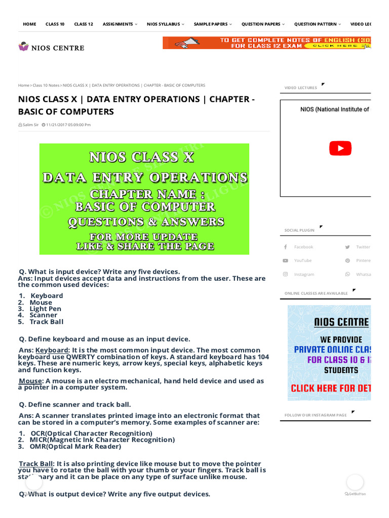 Nios Class X - Data Entry Operations - Chapter - Basic of Computers ... Nios Class X - Data Entry Operations - Chapter - Basic of Computers ...