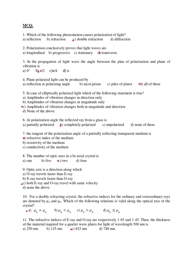 Sample Questions On Polarization of Light | PDF | Polarization (Waves ...