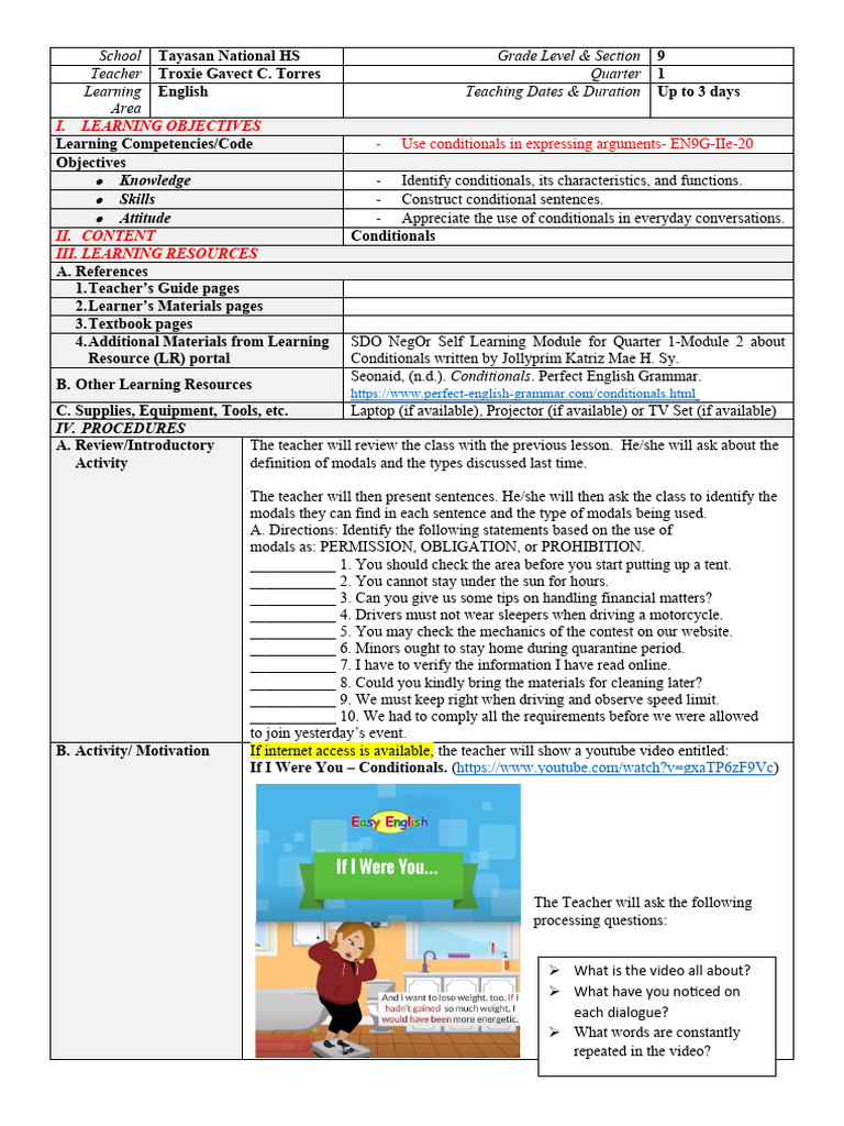 G9 Q1 Week2 Conditionals Part 1 | PDF | Verb | Learning