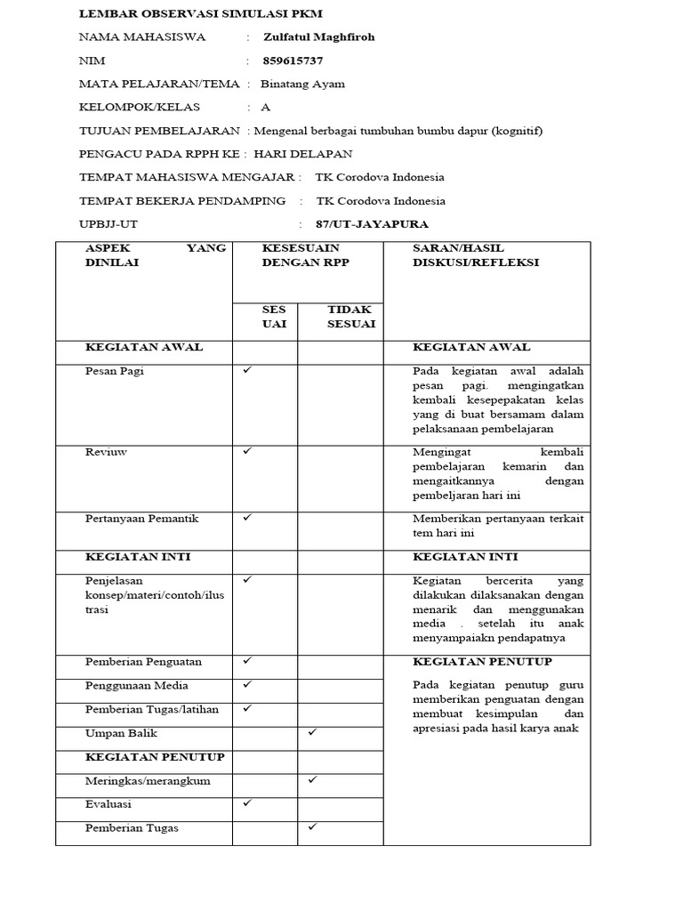 Lembar Observasi Simulasi | PDF