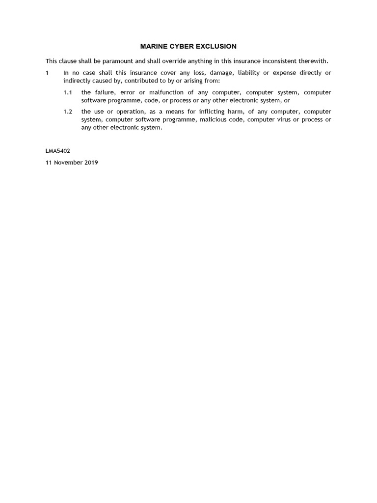 Marine Cyber Exclusion Clause | PDF