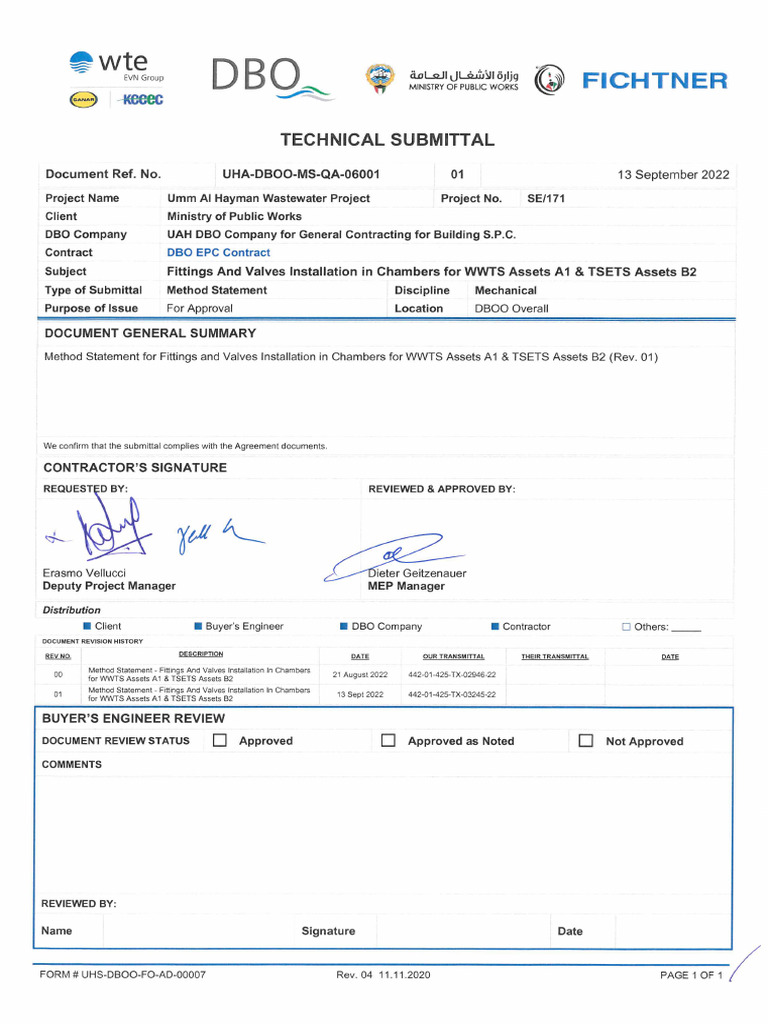 Method Statement - Fittings & Valves Installation | PDF