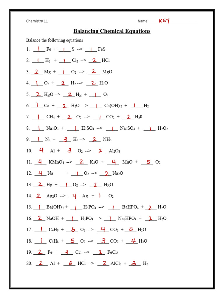 01c.handout Balancing - Reactiontypes KEY | PDF | Chlorine | Hydroxide