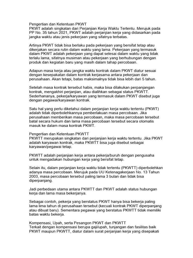 Pengertian Dan Ketentuan PKWT | PDF