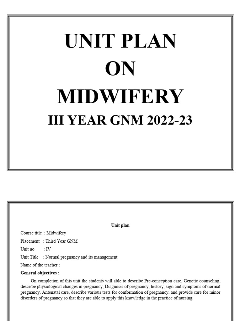 Unit Plan Midwifery 3 GNM | Download Free PDF | Pregnancy | Lecture