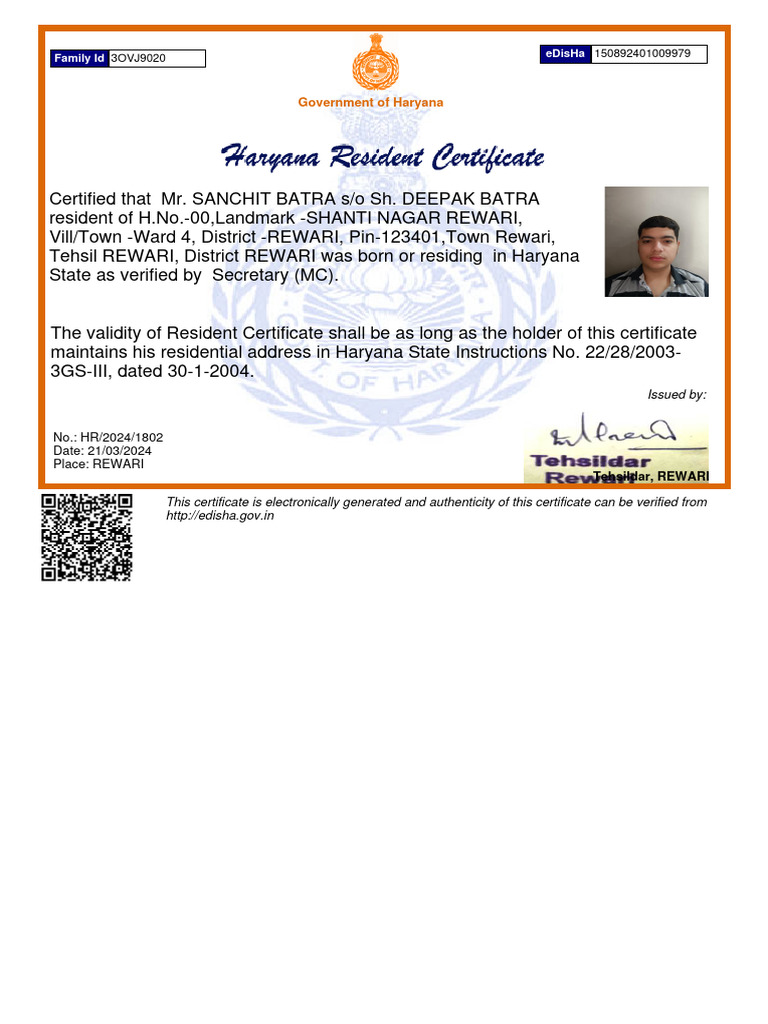 Haryana Resident Certificate for Sanchit Batra | PDF