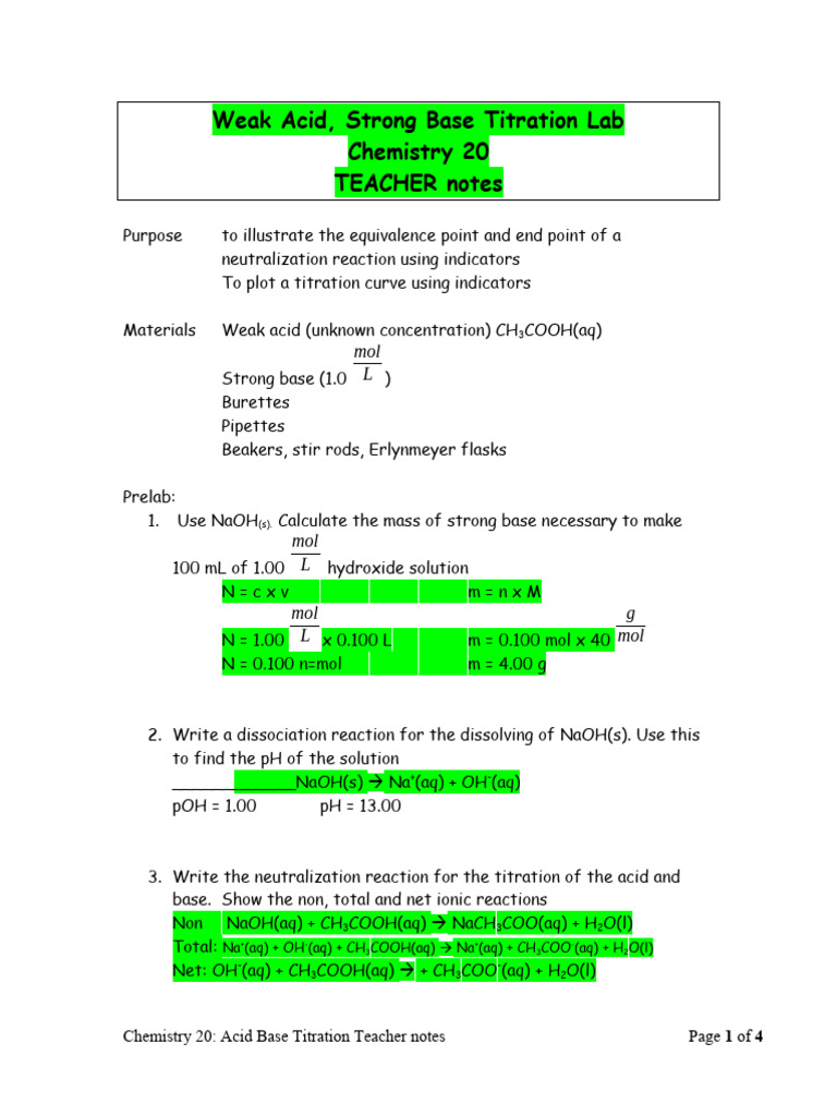 Weak Acid Strong Base Titration Teacher Notes | PDF | Titration | Chemistry