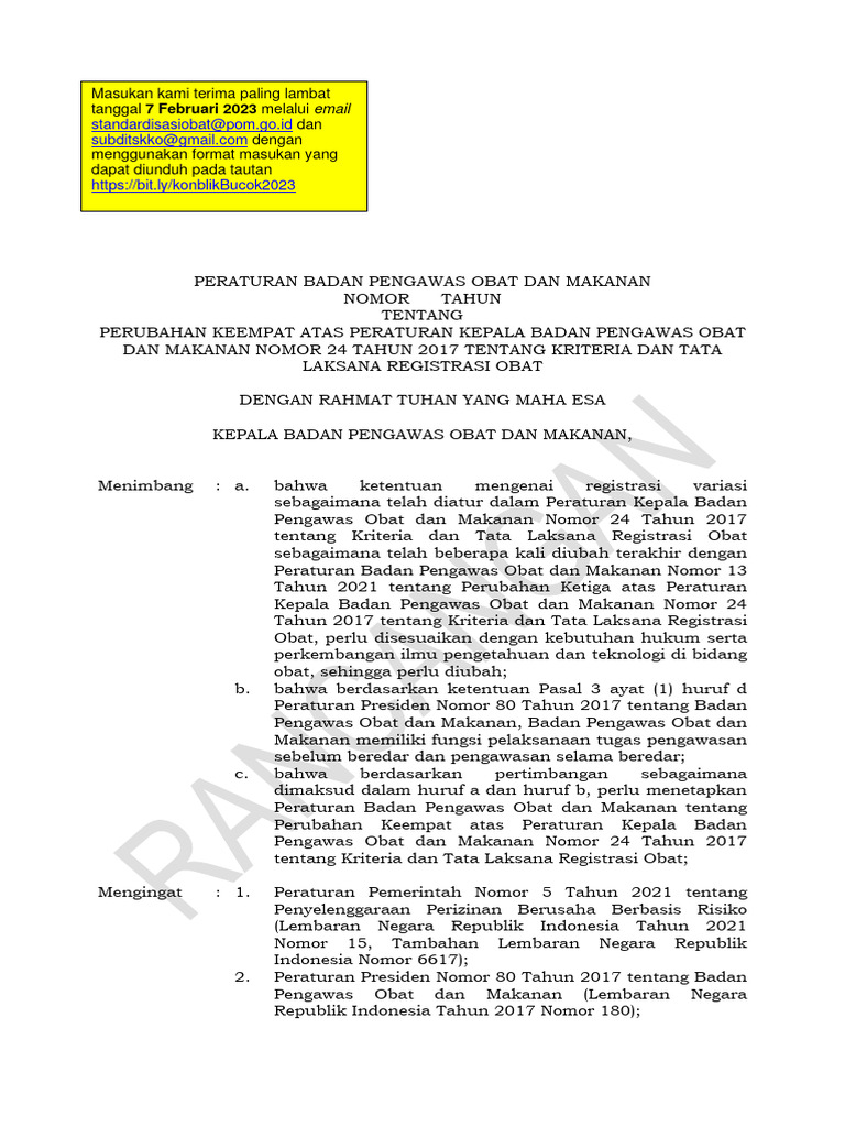 9 Rancangan Perbpom Tentang Perubahan Keempat Atas Perka Bpom No 24 Tahun 2017 Tentang Kriteria ...