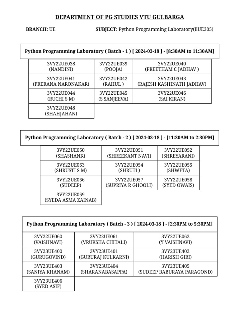 VTU Python Lab Exam Schedule 2024 | PDF