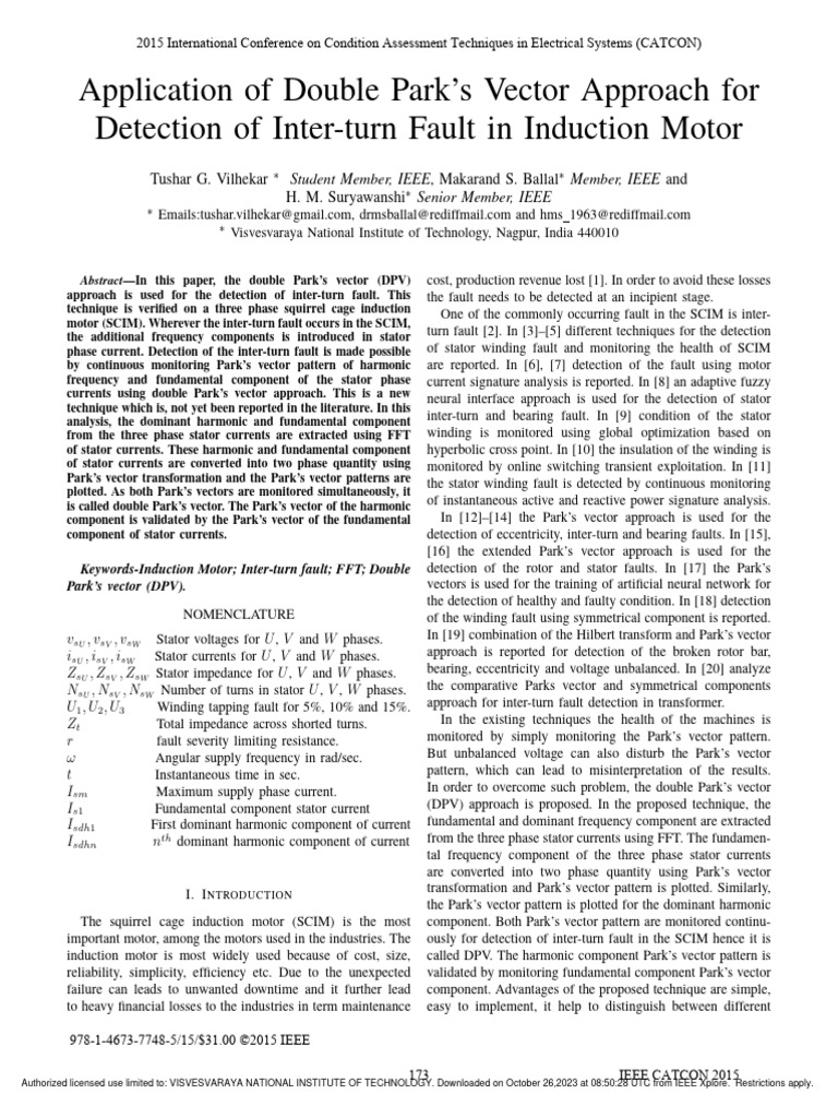 Application Of Double Parks Vector Approach For Detection Of Inter Turn Fault In Induction Motor