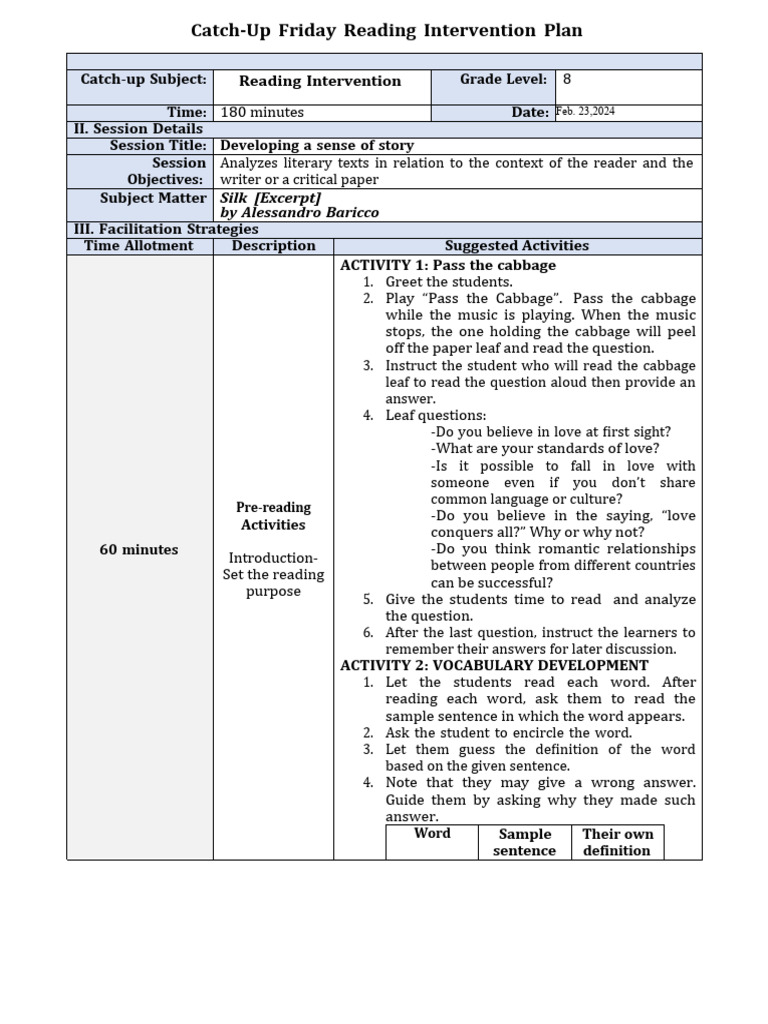 Grade 8 Reading Intervention Plan | PDF