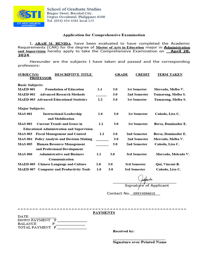 BENIDA ARAH M - Application For Compre Form | PDF