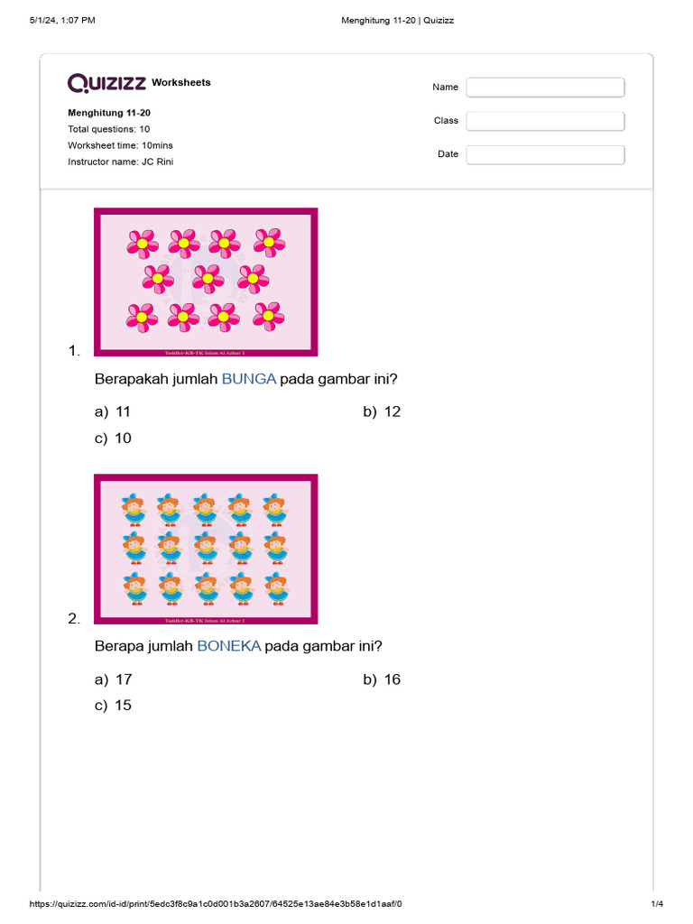 Worksheet Menghitung 11-20 untuk Anak | PDF