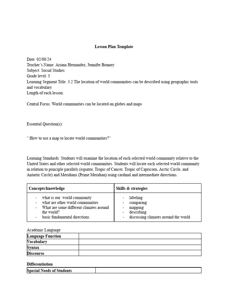 3rd Grade Social Studies Lesson Plan | PDF | Teachers | Learning