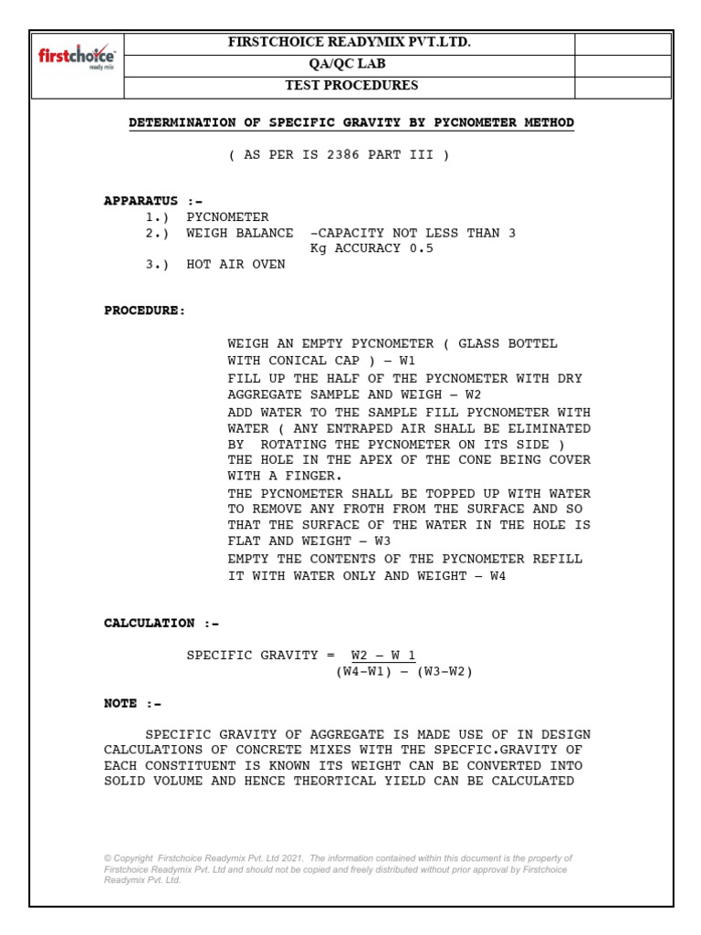 Agg Specific Gravity Test | PDF