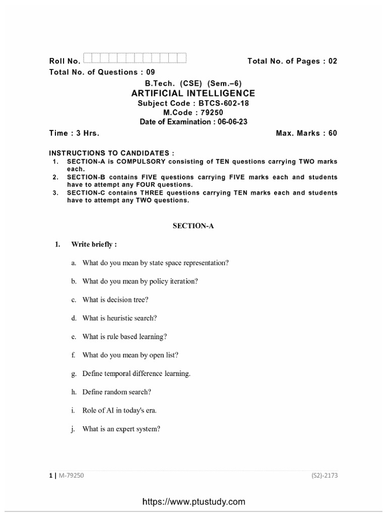 Btech Cse 6 Sem Artificial Intelligence 79250 Jun 2023 | PDF
