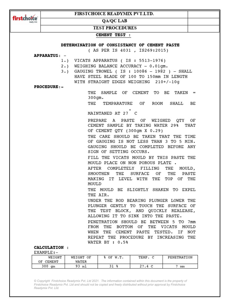 Cement Test Consistency | PDF