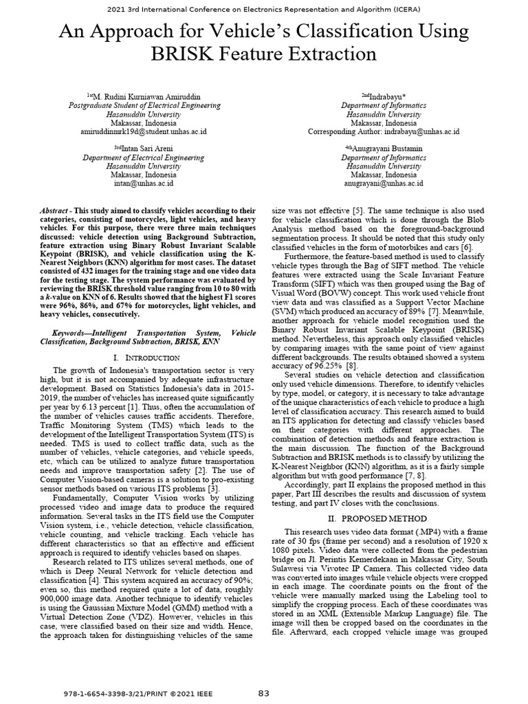 (Paper) An Approach Vehicle's Classification Using BRISK Feature ...