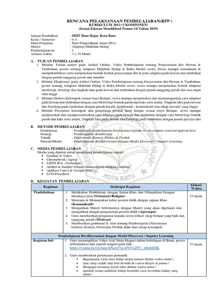 RPP BERDIFERENSIASI - IPA - Adaptasi Makhluk Hidup - Kelas 6 - SMT1 - (RUDI PURNOMO - 858858361 ...