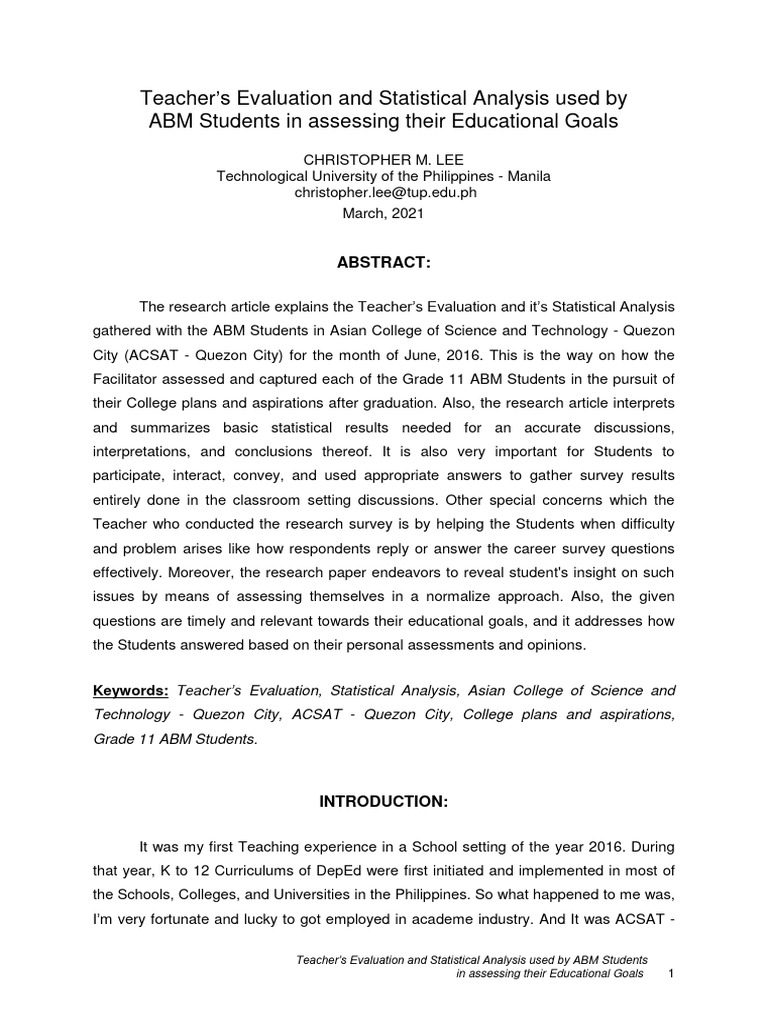 Teachers Evaluation and Statistical Analysis Used by ABM Students in ...