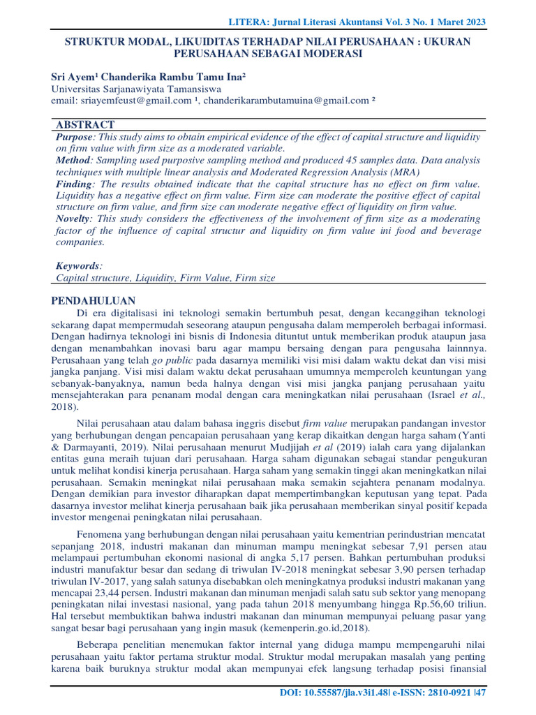 Struktur Modal Dan Likuiditas Terhadap Nilai Perusahaan Ukuran Perusahaan Sebagai Variabel ...